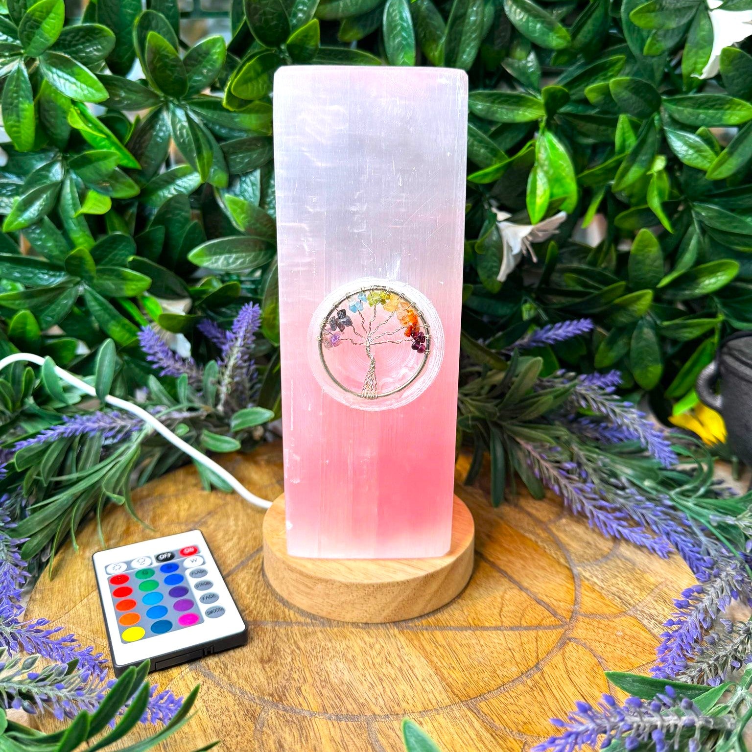 Selenite Tower Tree of Light Chakra Lamp with Multicolour LED Base Pac ...